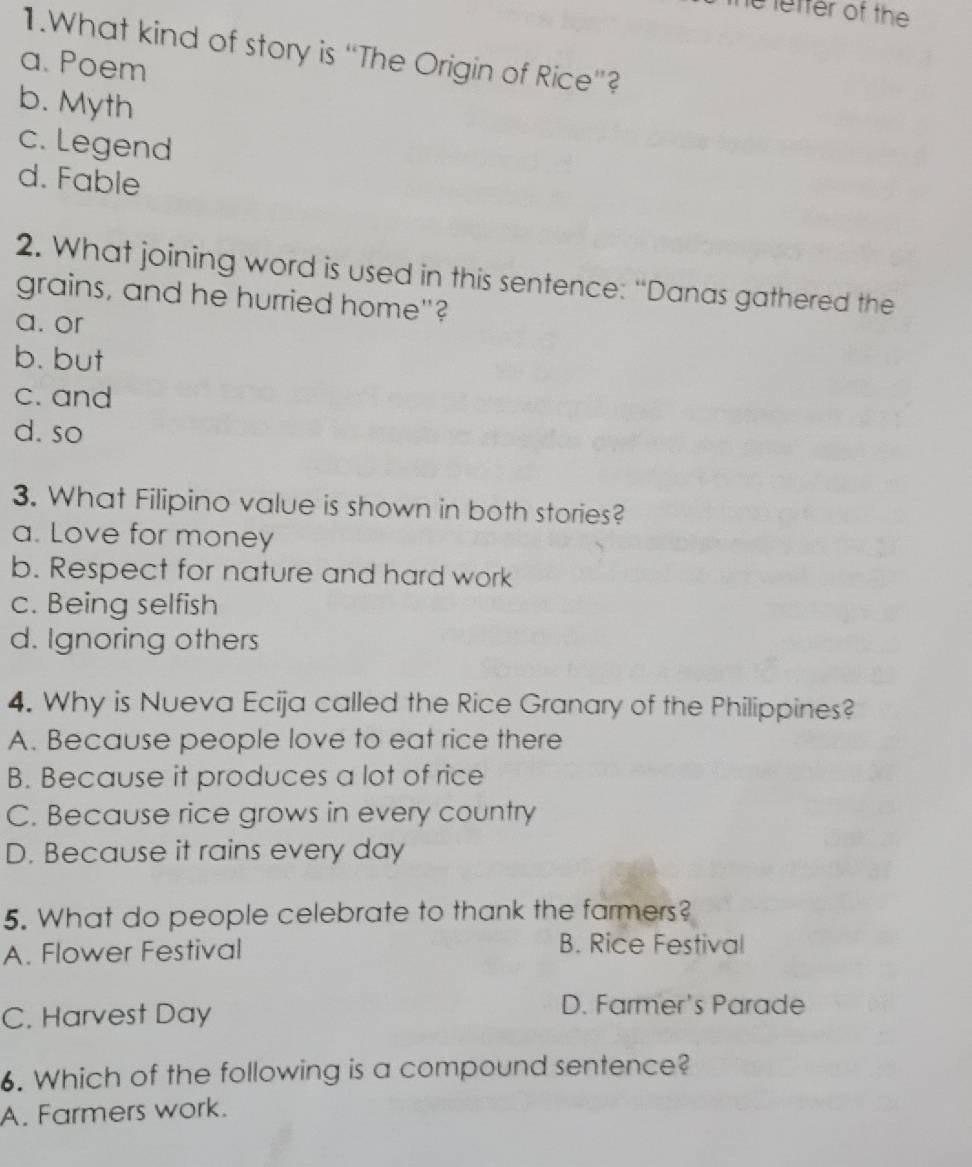 Solved: he letter of the 1.What kind of story is “The Origin of Rice ...