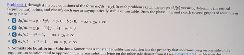 Solved: Problems 1 through 4 involve equations of the form dy/dt=f(y). In each problem sketch ...