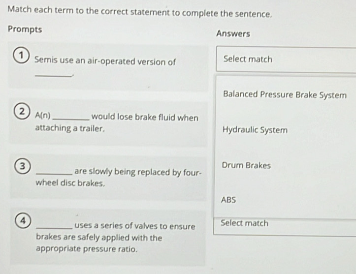 Solved: Match each term to the correct statement to complete the sentence. Prompts Answers 1 ...