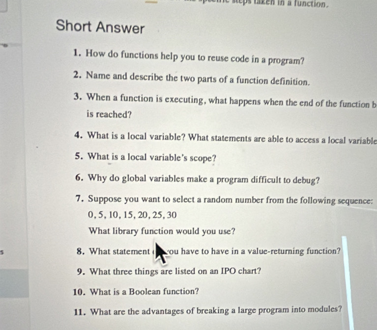 Solved: eps taken in a function . Short Answer 1. How do functions help ...