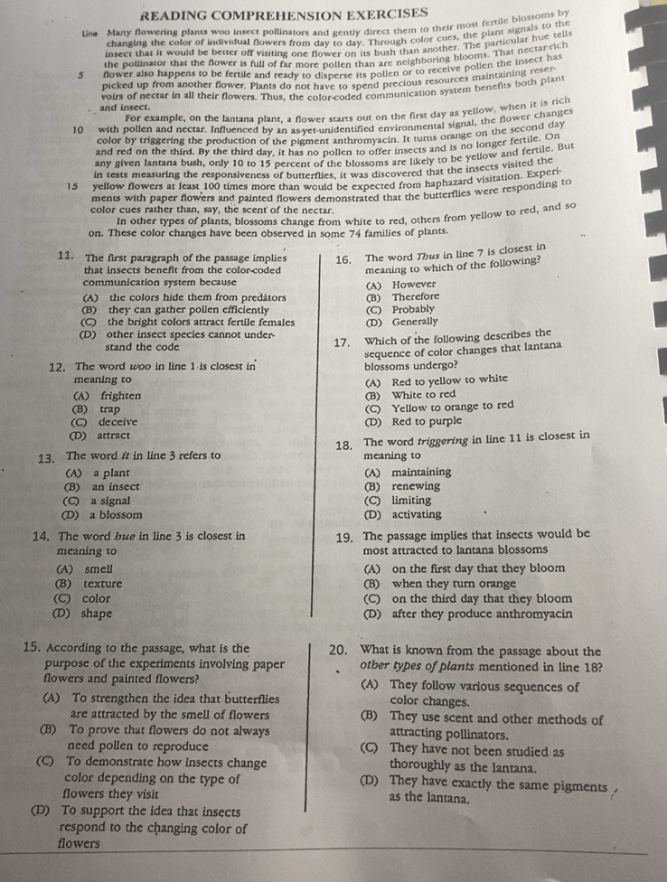 Solved: READING COMPREHENSION EXERCISES Line Many flowering plants woo ...