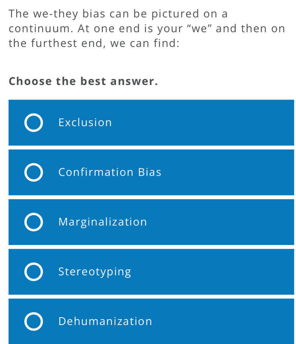 Solved: The we-they bias can be pictured on a continuum. At one end is ...