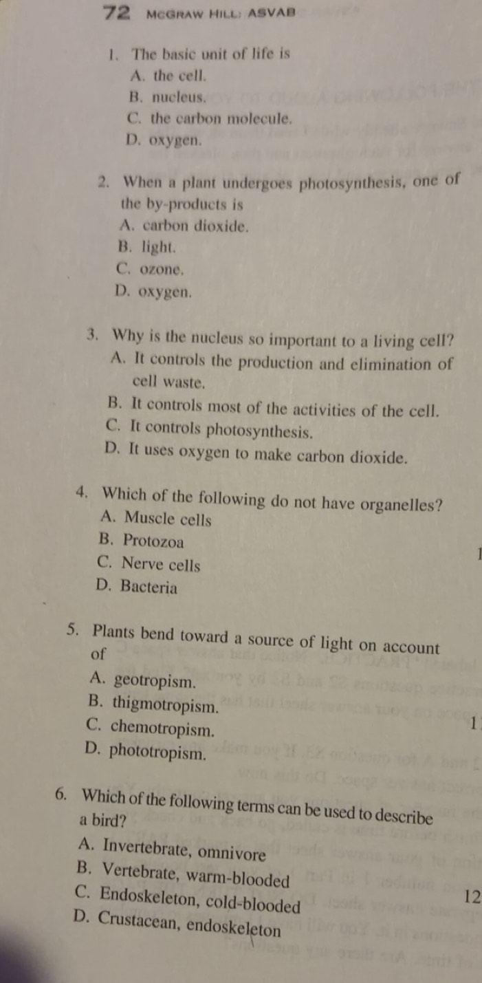 Solved: mcGraw Hill: ASVAB 1. The basic unit of life is A. the cell. B ...