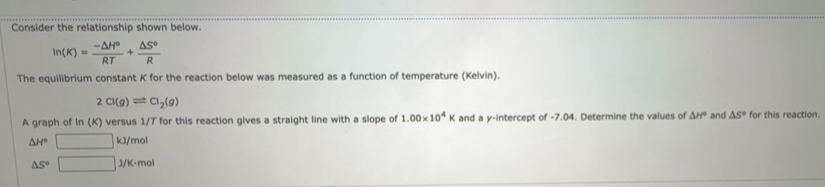 Solved: Consider the relationship shown below. In(K)= (- H^o)/RT + S^o ...