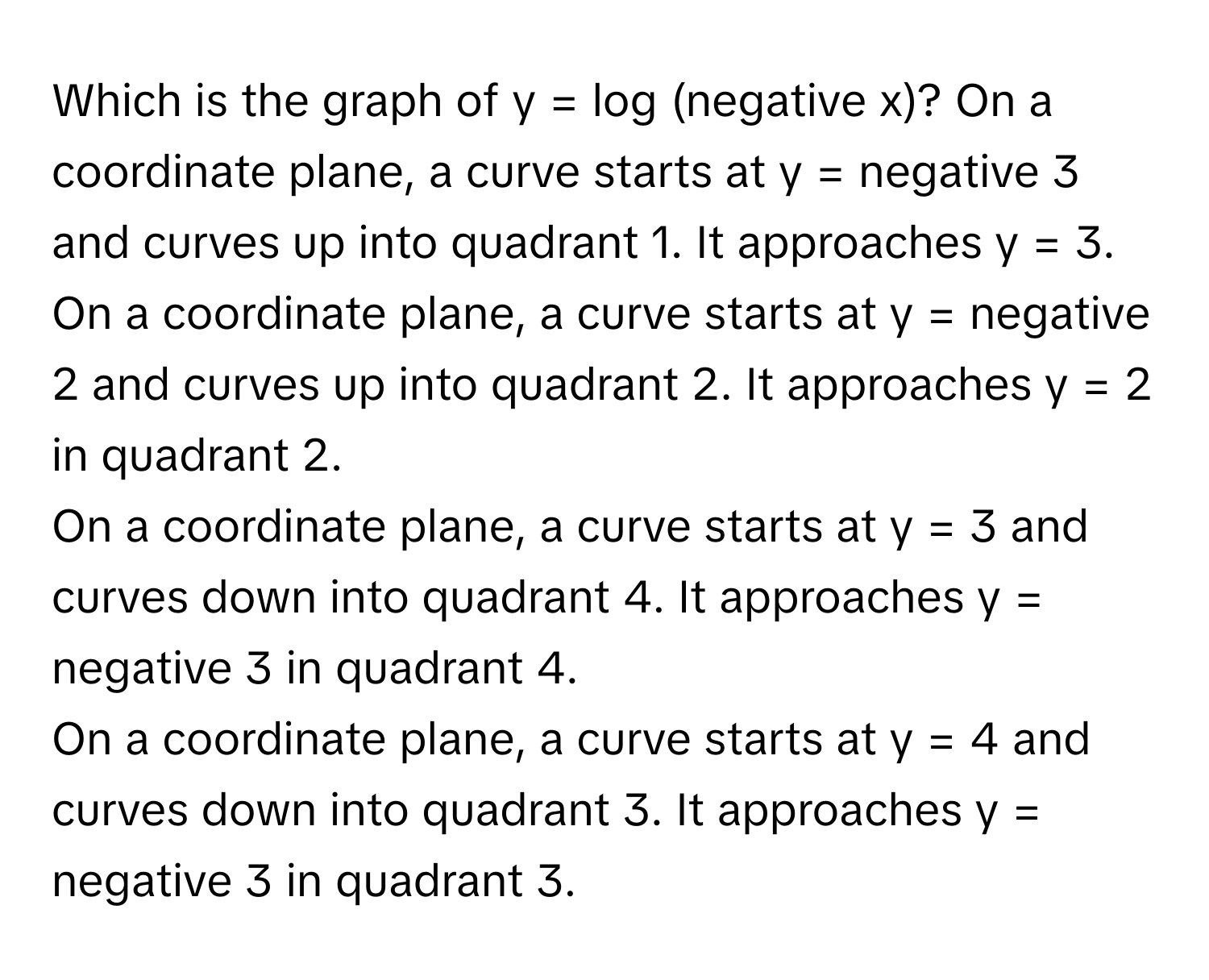 Solved: Which is the graph of y = log (negative x)? On a coordinate plane, a curve starts at y ...