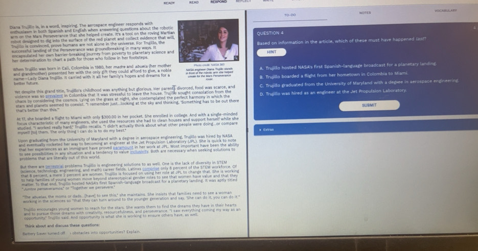 Solved: =E ADF READ RESPOND TO-0O NOTES VOCABULARY Diana Trujillo is ...