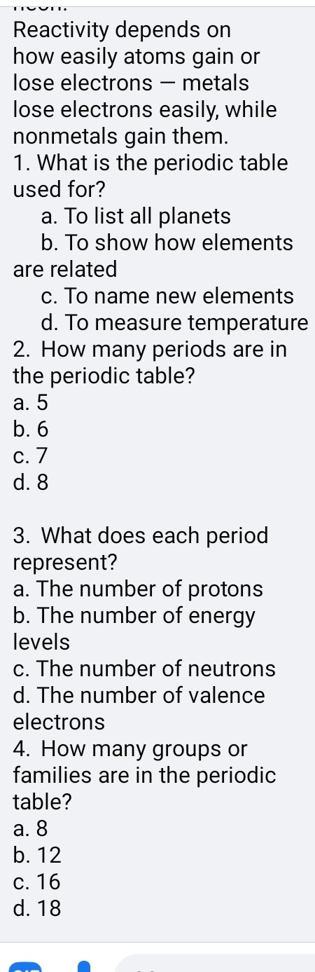Solved: Reactivity depends on how easily atoms gain or lose electrons ...