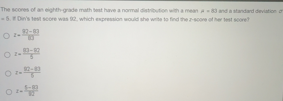 Solved: mu =83 and a standard deviation σ =5. If Din's test score was ...