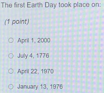Solved: The first Earth Day took place on: (1 point) April 1, 2000 July ...