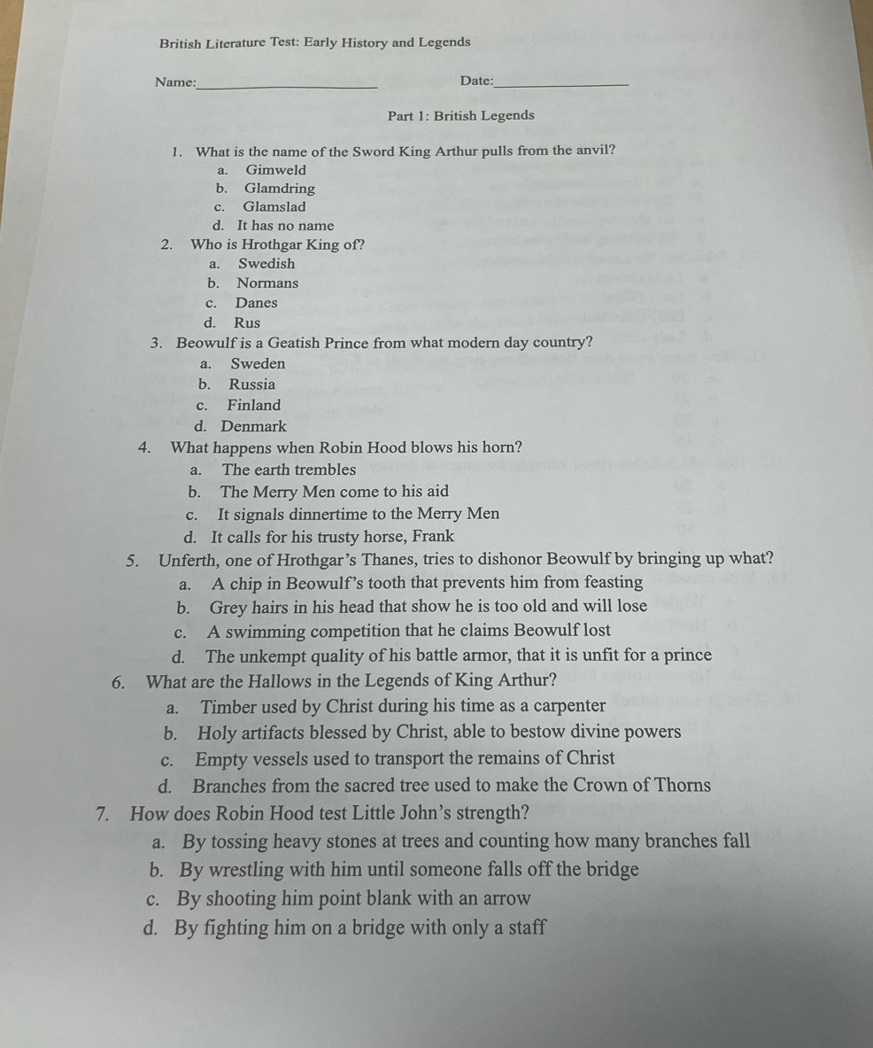 Gelöst:British Literature Test: Early History and Legends Name:_ Date ...
