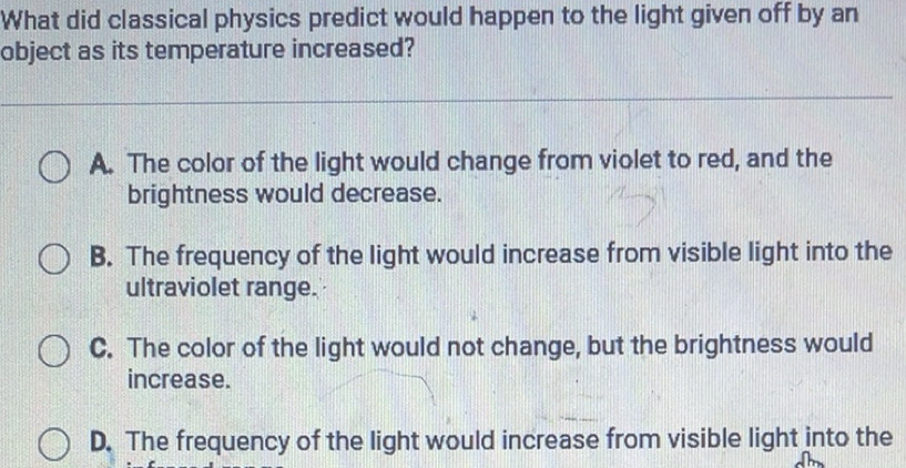 Solved: What did classical physics predict would happen to the light ...