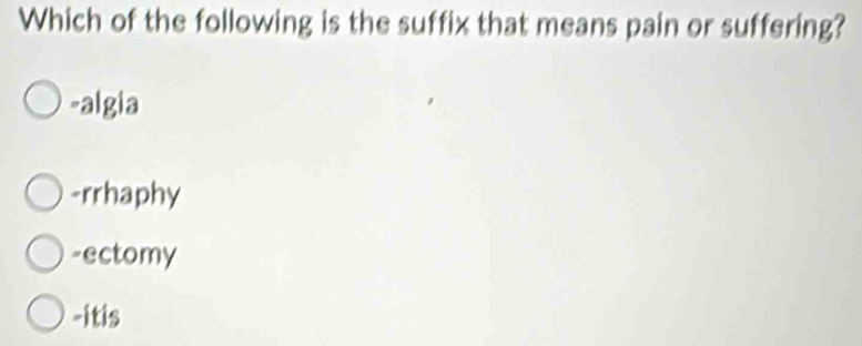 Solved: Which of the following is the suffix that means pain or ...