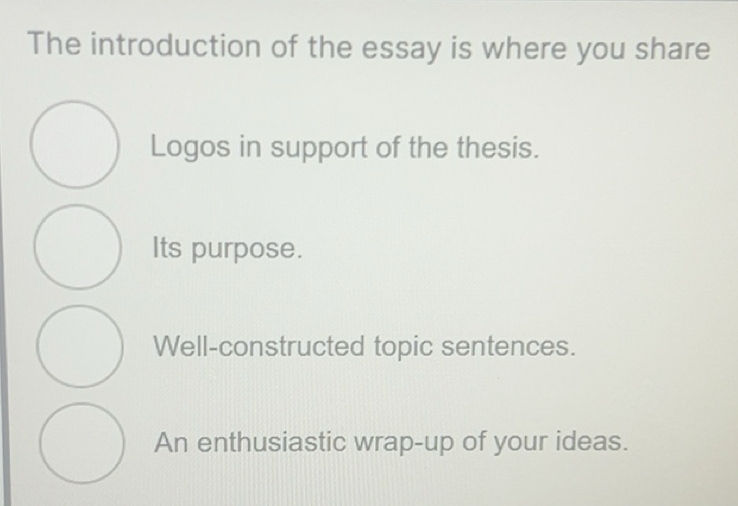 Solved: The introduction of the essay is where you share Logos in ...