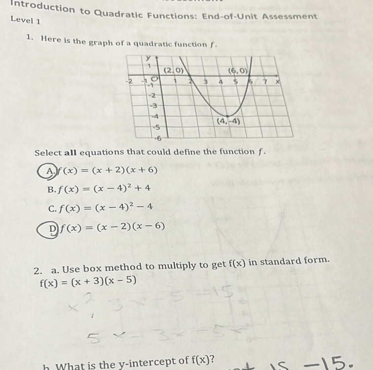 Solved: Introduction to Quadratic Functions: End-of-Unit Assessment ...