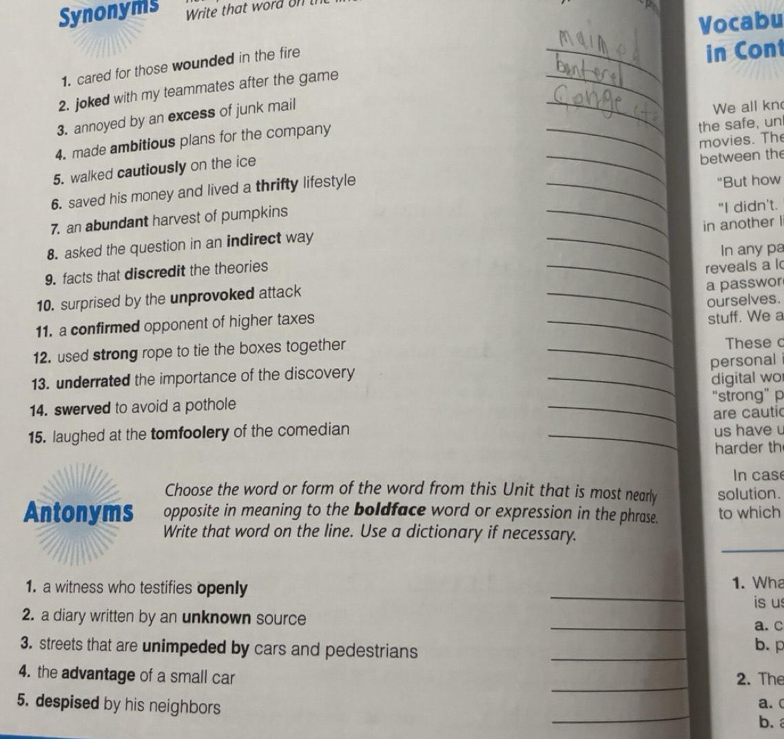 Solved: Synonyms Write that word on Vocabu 1. cared for those wounded ...