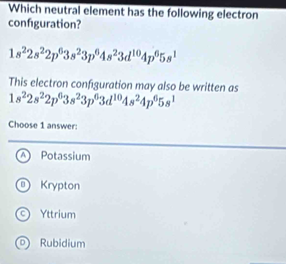 Solved: Which neutral element has the following electron configuration ...
