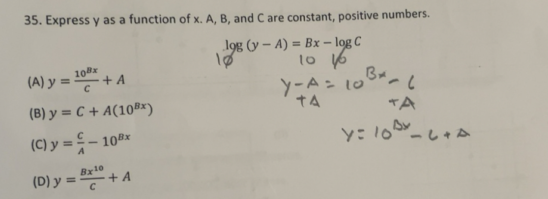 Solved: Express y as a function of x. A, B, and C are constant ...