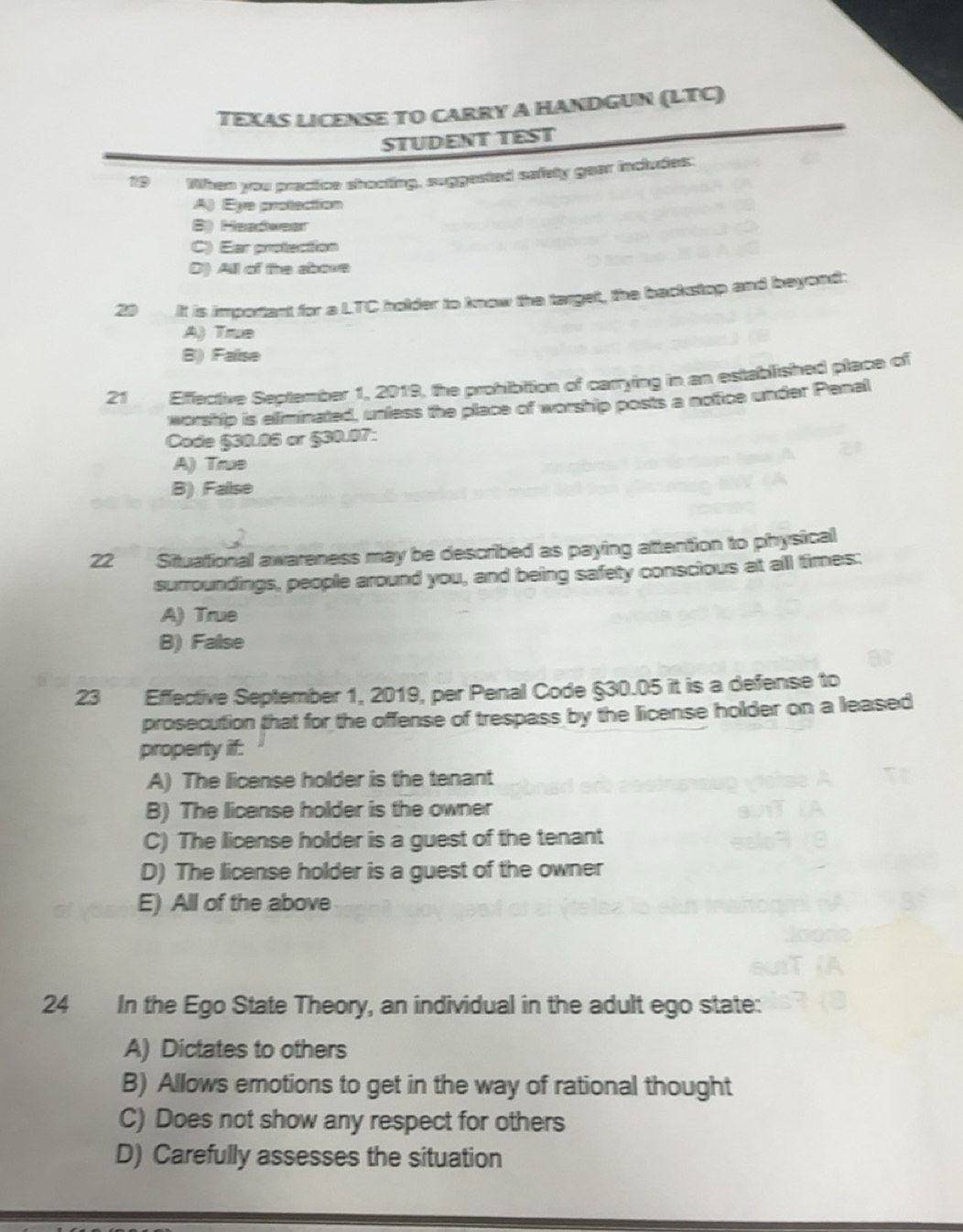 Solved: TEXAS LICENSE TO CARRY A HANDGUN (LTC) STUDENT TEST 19 hen you ...