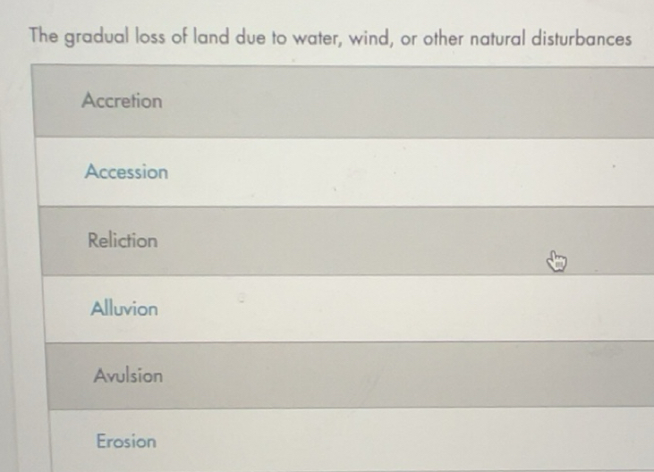 Solved: The gradual loss of land due to water, wind, or other natural ...