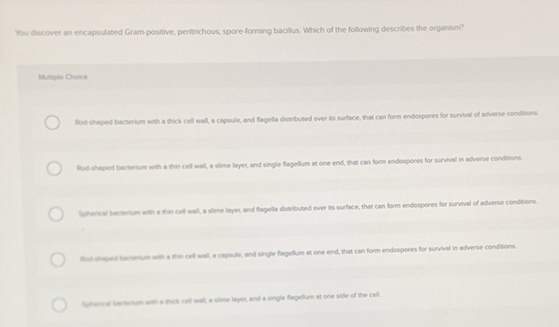 Solved: You discover an encapsulated Gram-positive, peritrichous, spore ...