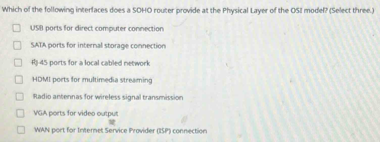 Solved: Which of the following interfaces does a SOHO router provide at ...