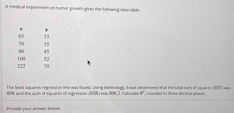 Solved: A medical experiment on tumor growth gives the following data ...