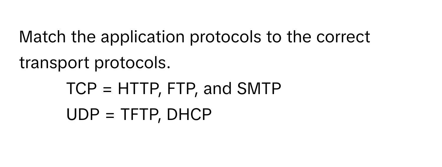 Solved: Match the application protocols to the correct transport ... Solved: Match the application protocols to the correct transport ...