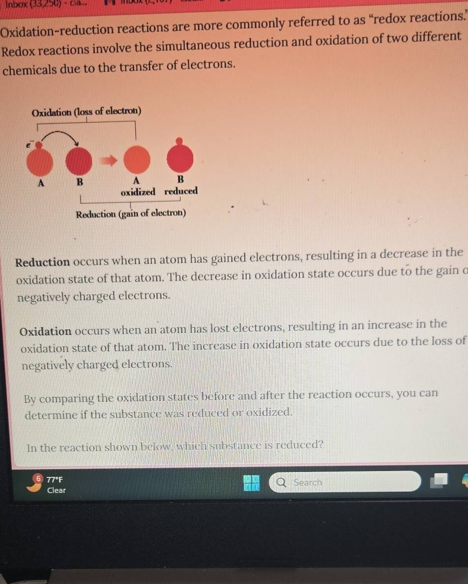 Solved: Inbox (33,250) Oxidation-reduction reactions are more commonly referred to as “redox ...