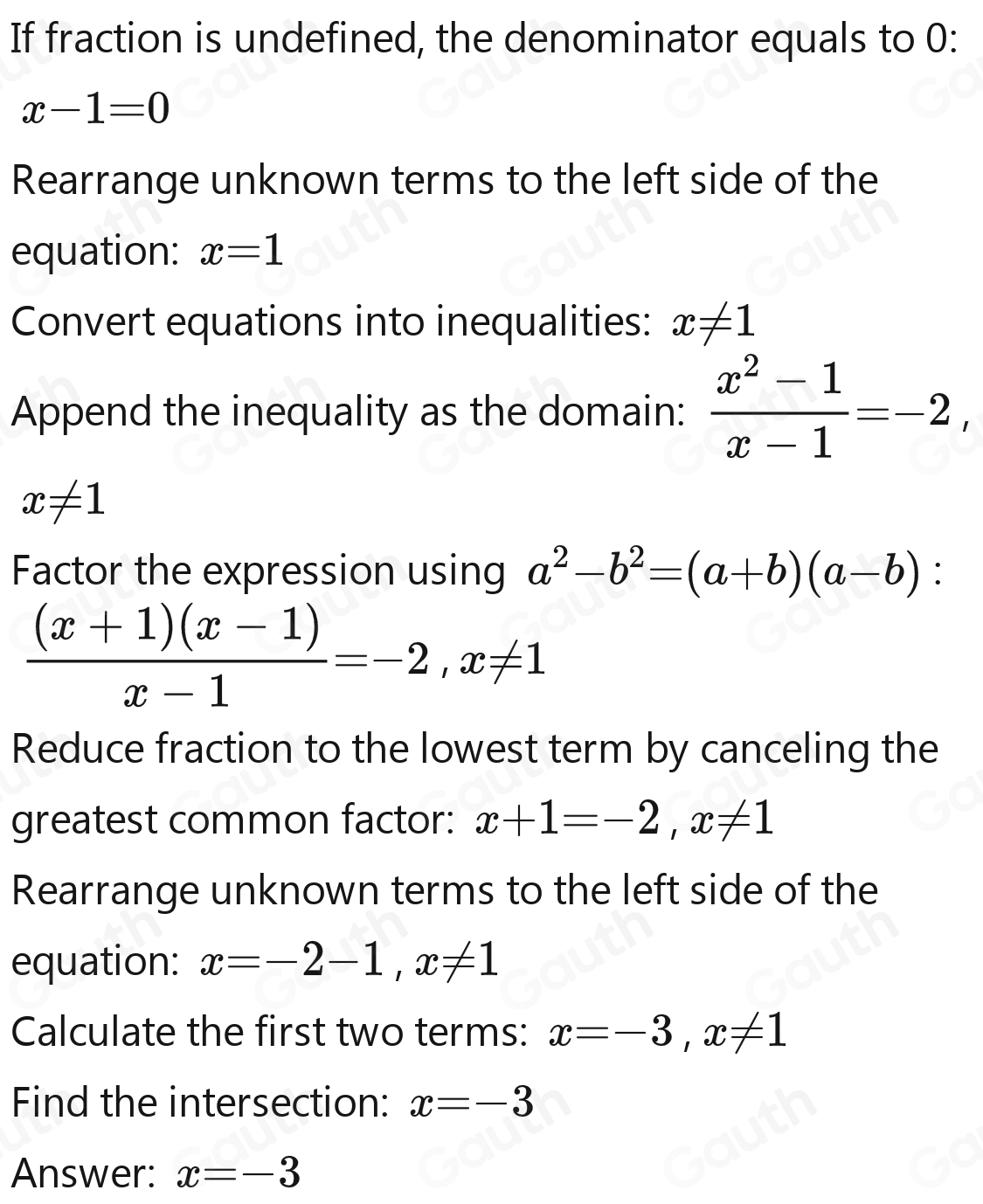 Solved: (x^2-1)/x-1 =-2 What are all values of x that satisfy the ...