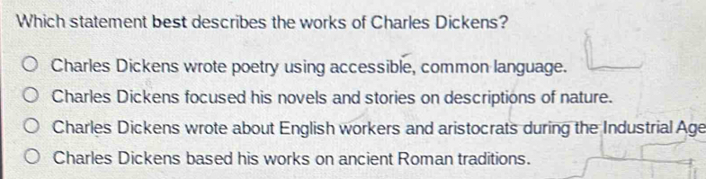 Solved: Which statement best describes the works of Charles Dickens ...