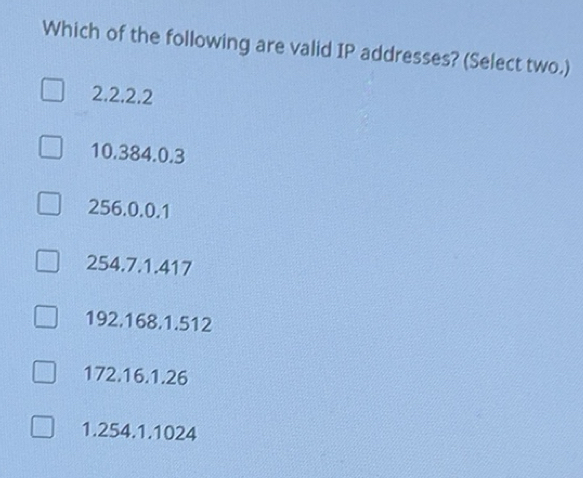 Solved: Which of the following are valid IP addresses? (Select two.) 2 ...