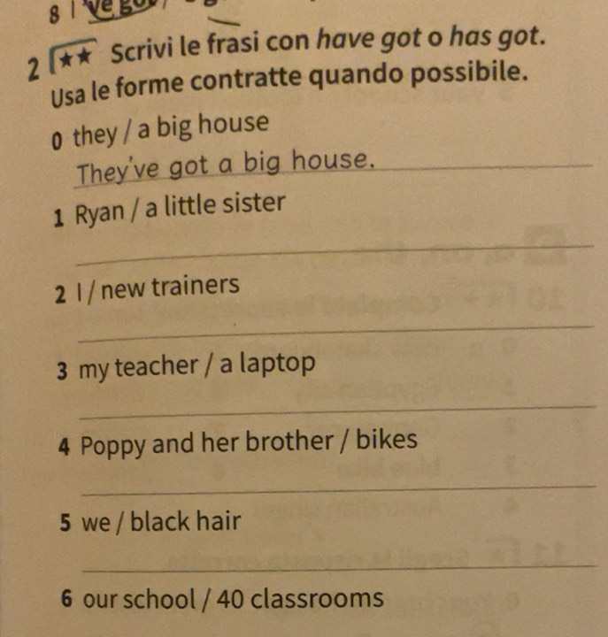 Risolto:2 [** Scrivi le frasi con have got o has got. Usa le forme contratte quando possibile. 0
