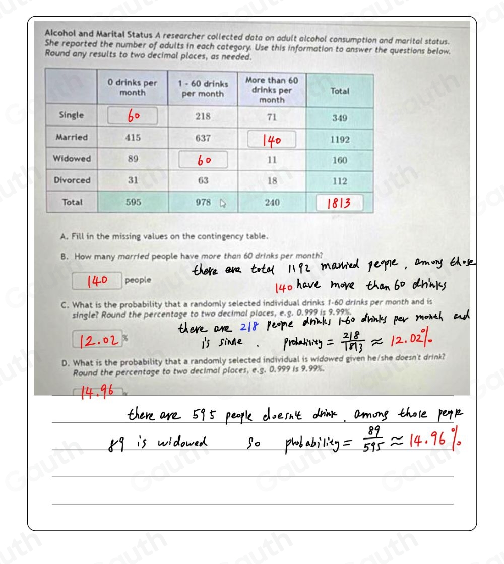 Solved: Alcohol and Marital Status A researcher collected data on adult ...