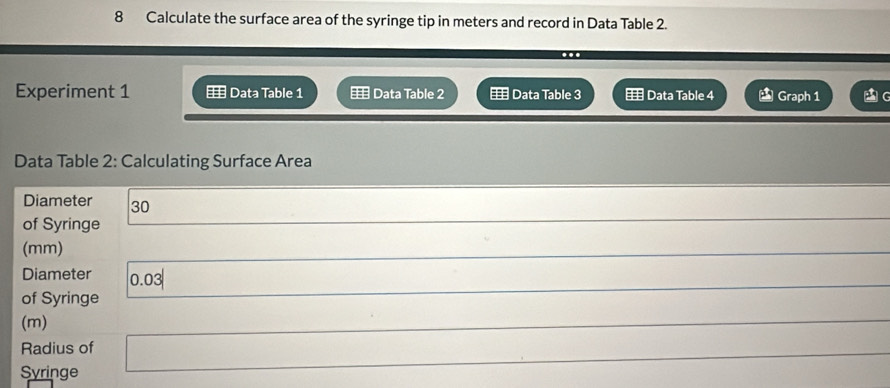 Solved: Calculate the surface area of the syringe tip in meters and record in Data Table 2 ...
