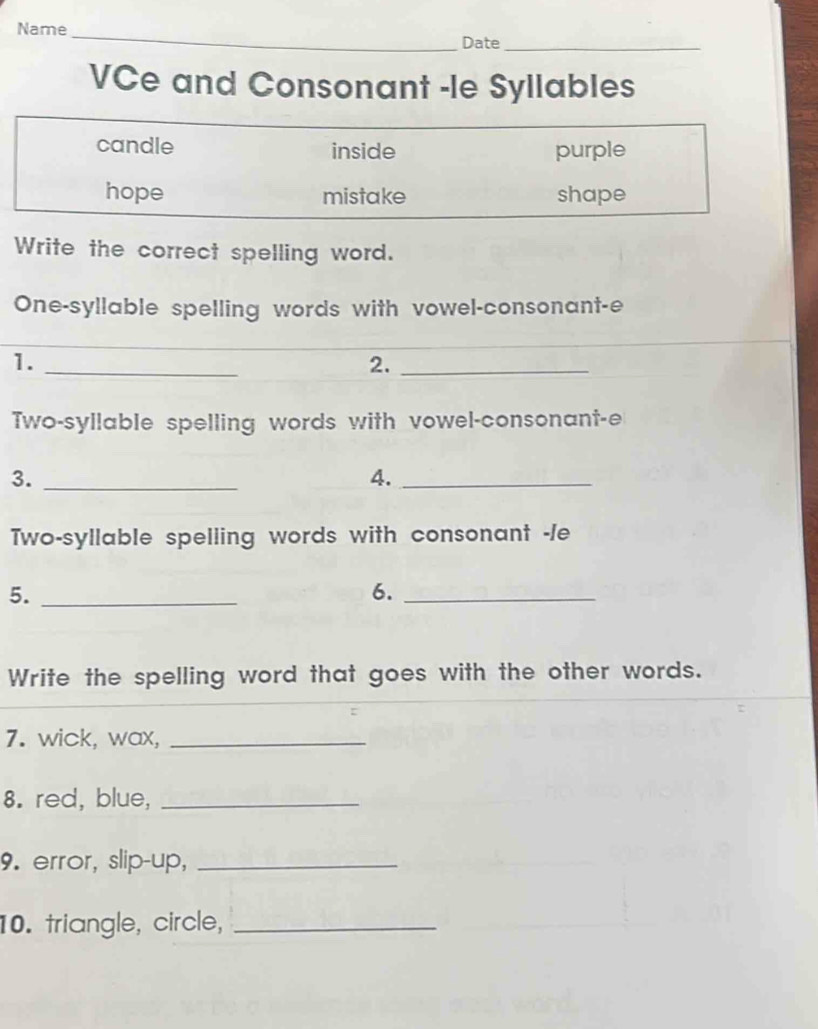 Solved: Name_ Date_ VCe and Consonant -le Syllables candle inside ...