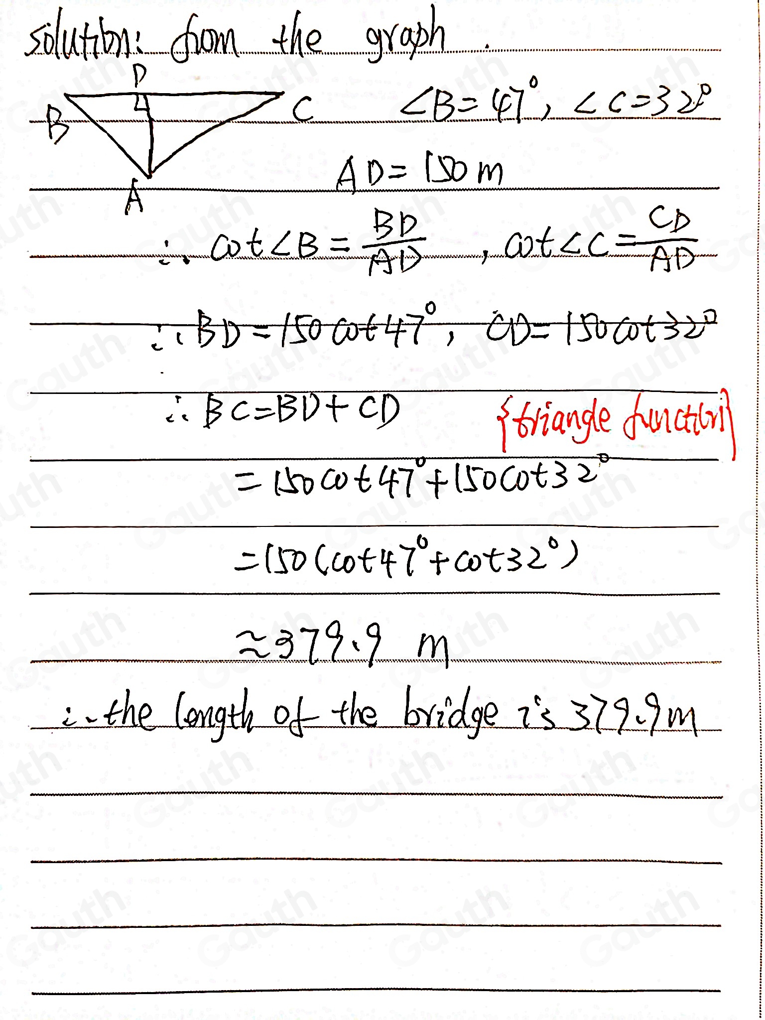 Solved: A bridge is 150 m above the water. From the ends of the bridge ...