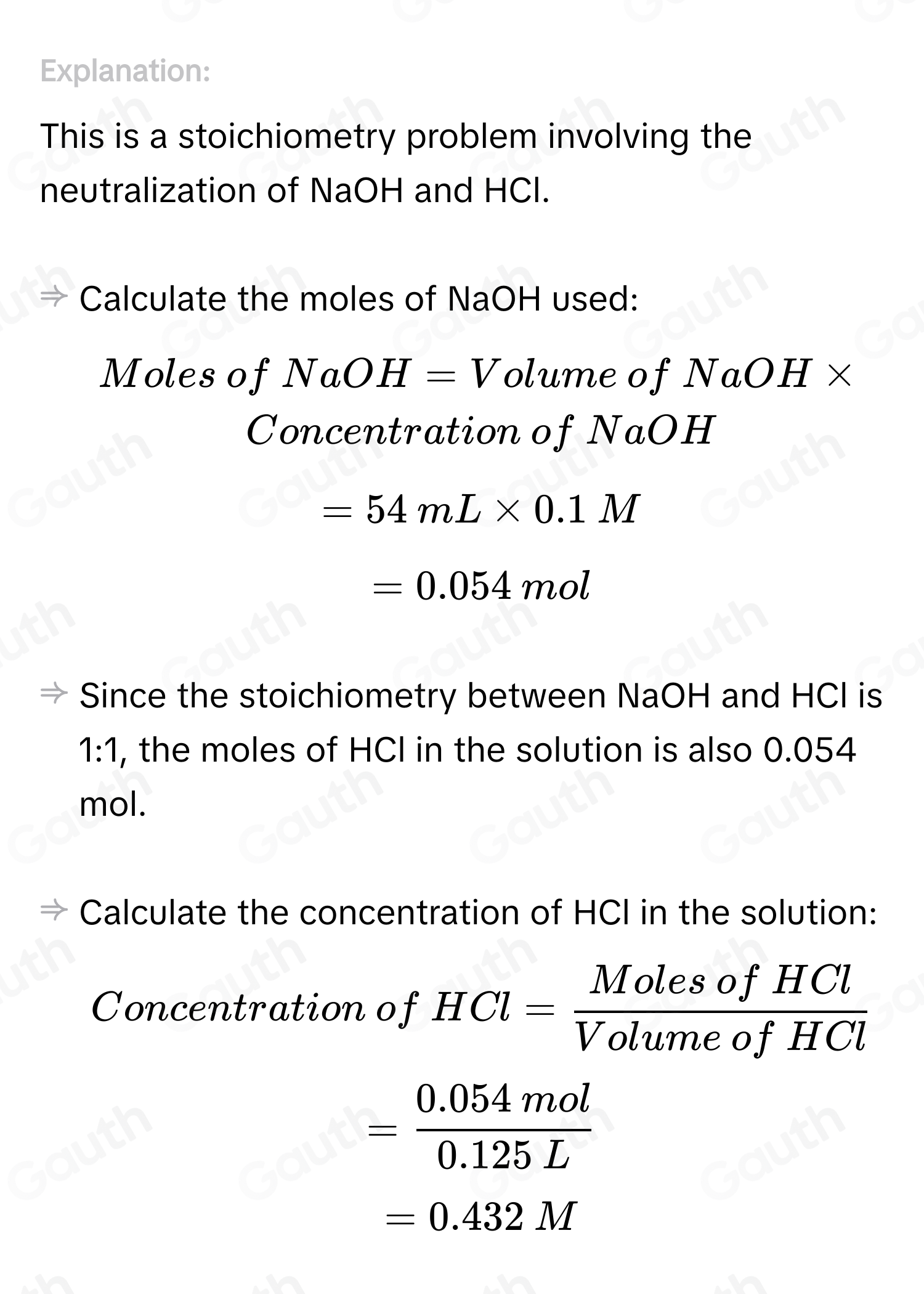 Solved: If it takes 54 mL of 0.1 M NaOH to neutralize 125 mL of an HCl ...