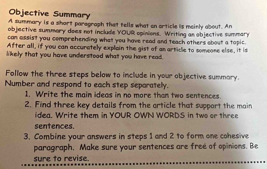 Solved: Objective Summary A summary is a short paragraph that tells ...