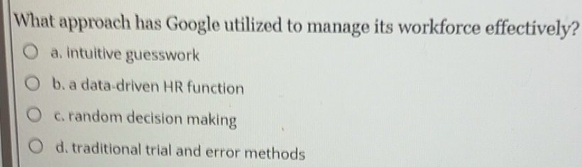 Solved: What approach has Google utilized to manage its workforce ...