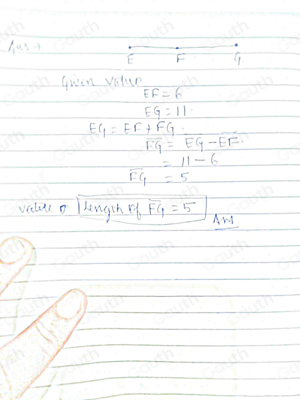 Solved: Point F is on line segment overline EG. Given EF=6 and EG=11 , determine the length ...