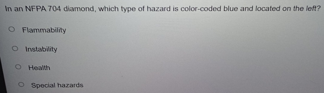 Solved: In an NFPA 704 diamond, which type of hazard is color-coded ...