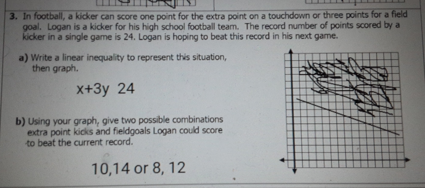 Solved: In football, a kicker can score one point for the extra point on a touchdown or three ...