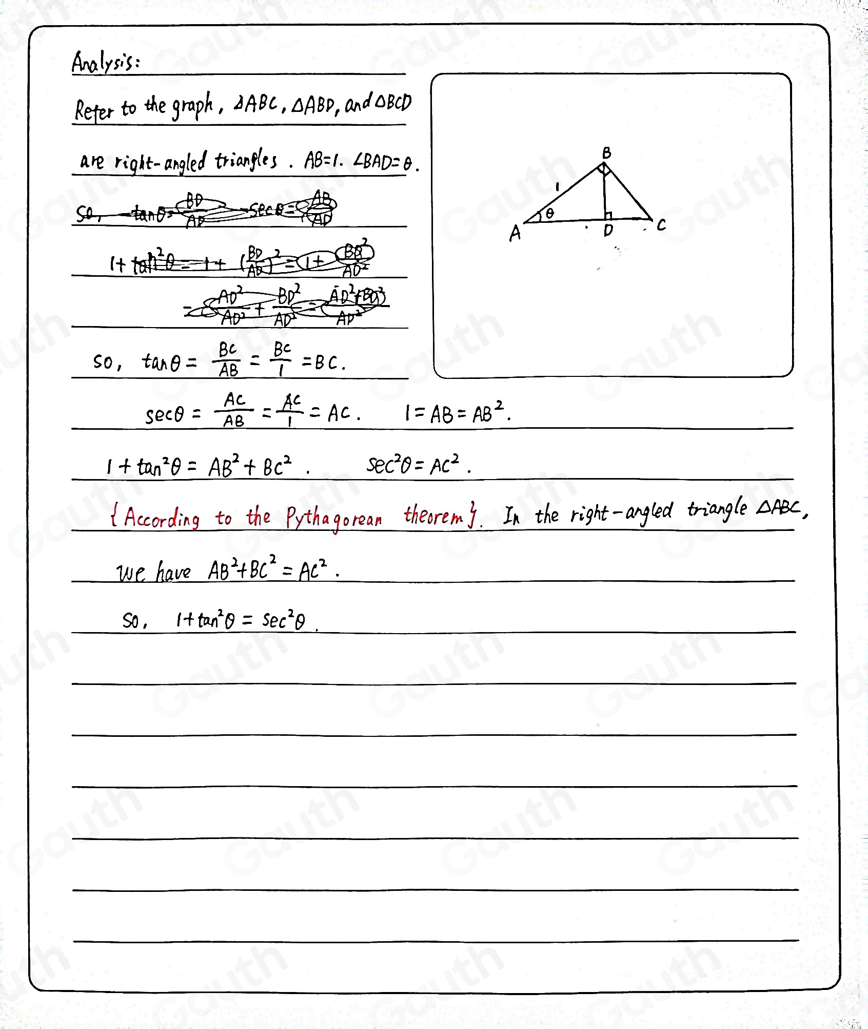 Solved: Figure 2 shows the right-angled triangles ABC, ABD and BCD , with AB=1 and ∠ BAD=θ. [Math]