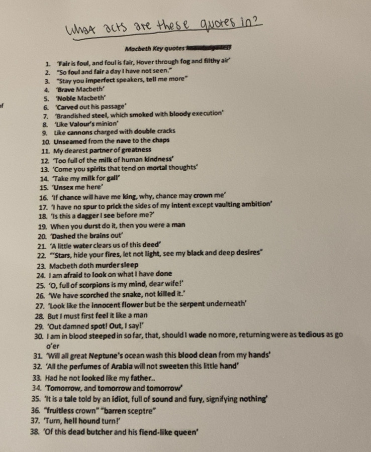 Solved: Macbeth Key quotes kno wndge to 1. ‘Fair is foul, and foul is ...