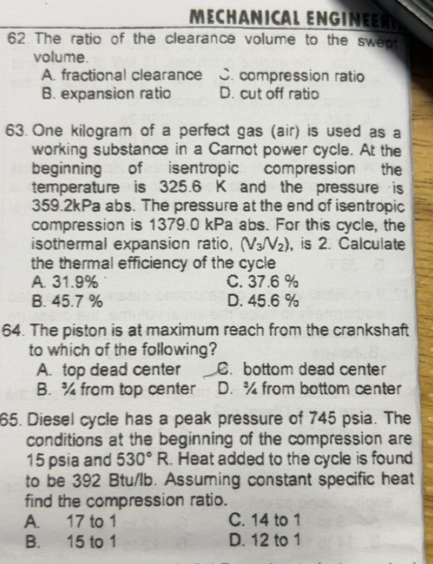 Solved: MCHANICAL EN GN 62. The ratio of the clearance volume to the ...