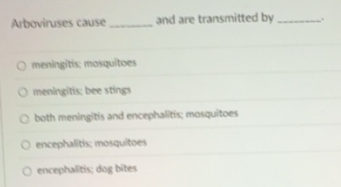 Solved: Arboviruses cause _and are transmitted by_ . meningítis ...