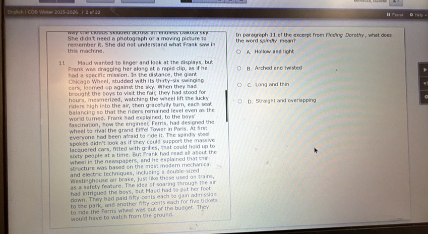 Solved: English | CDB Winter 2025-2026 / 2 of 22 I Pause 0 Help - way ...