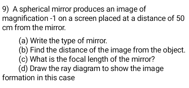 Solved: A spherical mirror produces an image of magnification - 1 on a ...