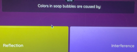 Solved: Colors in soap bubbles are caused by: Reflection Interference ...