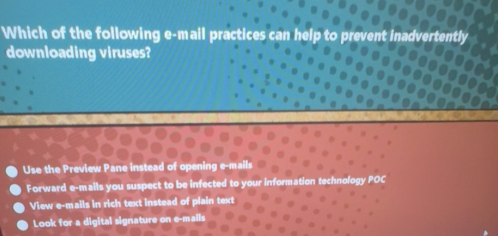 Solved: Which of the following e-mail practices can help to prevent ...